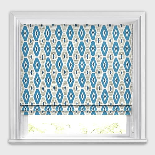 Indigo Blue & Taupe Folksy Geometric Diamond Patterned Roman Blinds