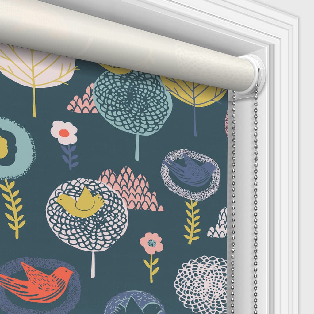 Scandi Birds, Flowers & Trees Patterned Roller Blinds. Colourful & Stylish