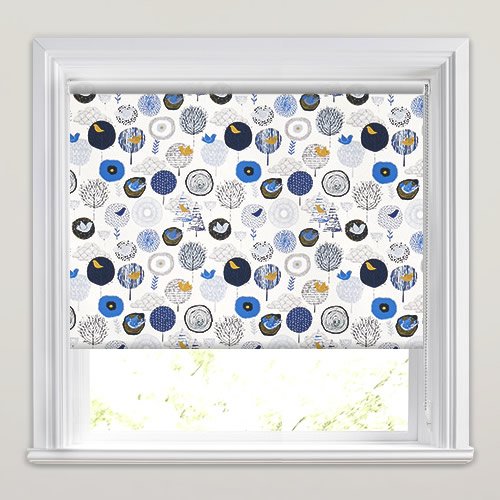Scandi Birds, Flowers & Trees Patterned Roller Blinds in Blue & White