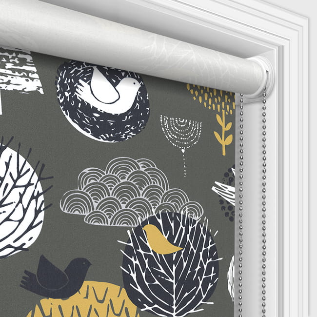 Scandi Birds, Flowers & Trees Patterned Roller Blinds in Yellow & Grey