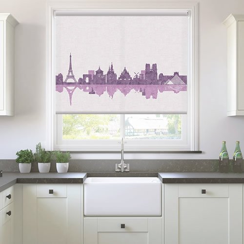 Paris Skyline Patterned Roller Blinds in Purple, Lilac & Cream