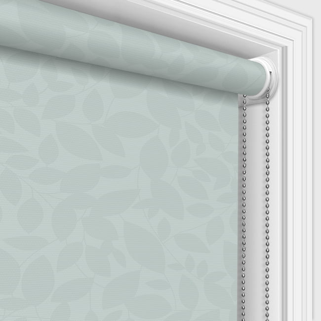 Leafy Patterned Waterproof Roller Blinds in Pale Pastel Mint Green