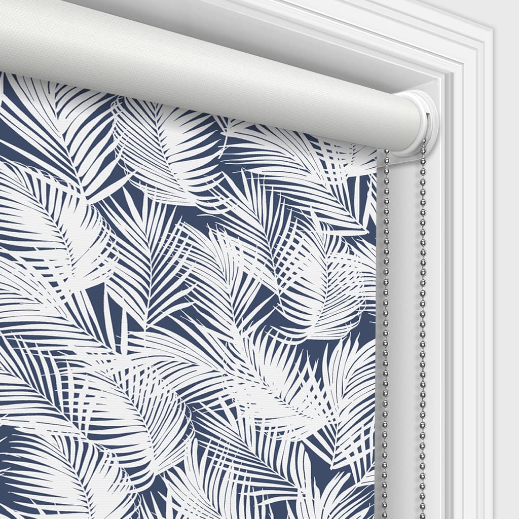 Kota Utopia Navy Blue Palm Leaf Patterned PVC Waterproof Roller Blinds