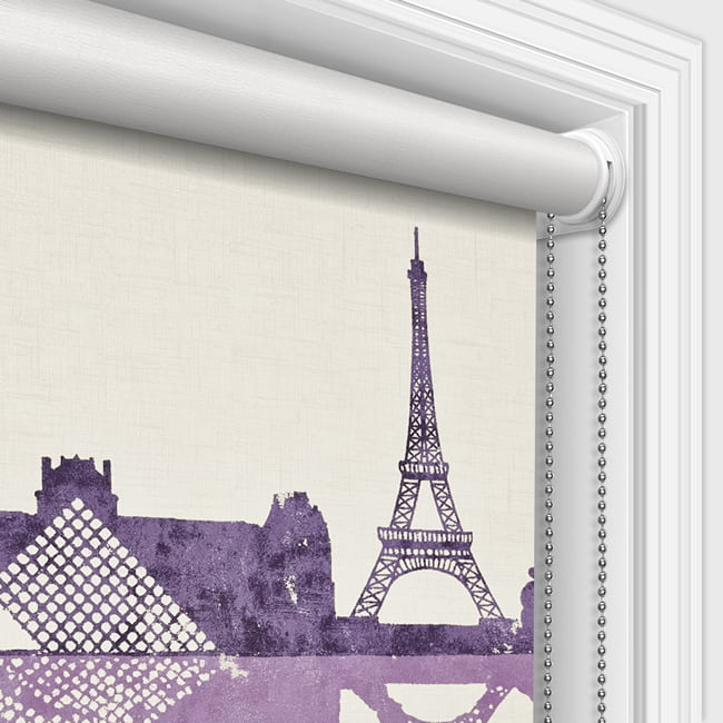 Paris Skyline Patterned Roller Blinds in Purple, Lilac & Cream