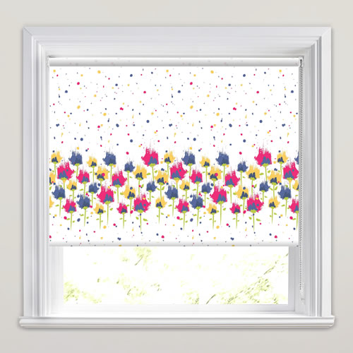 Painted Flowers Patterned Roller Blinds in Pink, Blue, Yellow & White