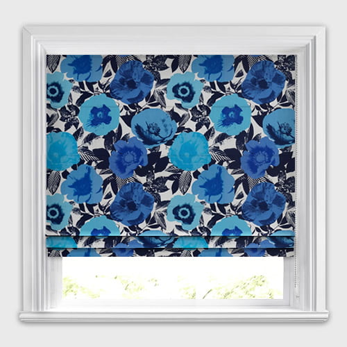 Luxury Blue Pop Art Flowers Patterned Roman Blinds, Sky, Azure & Navy