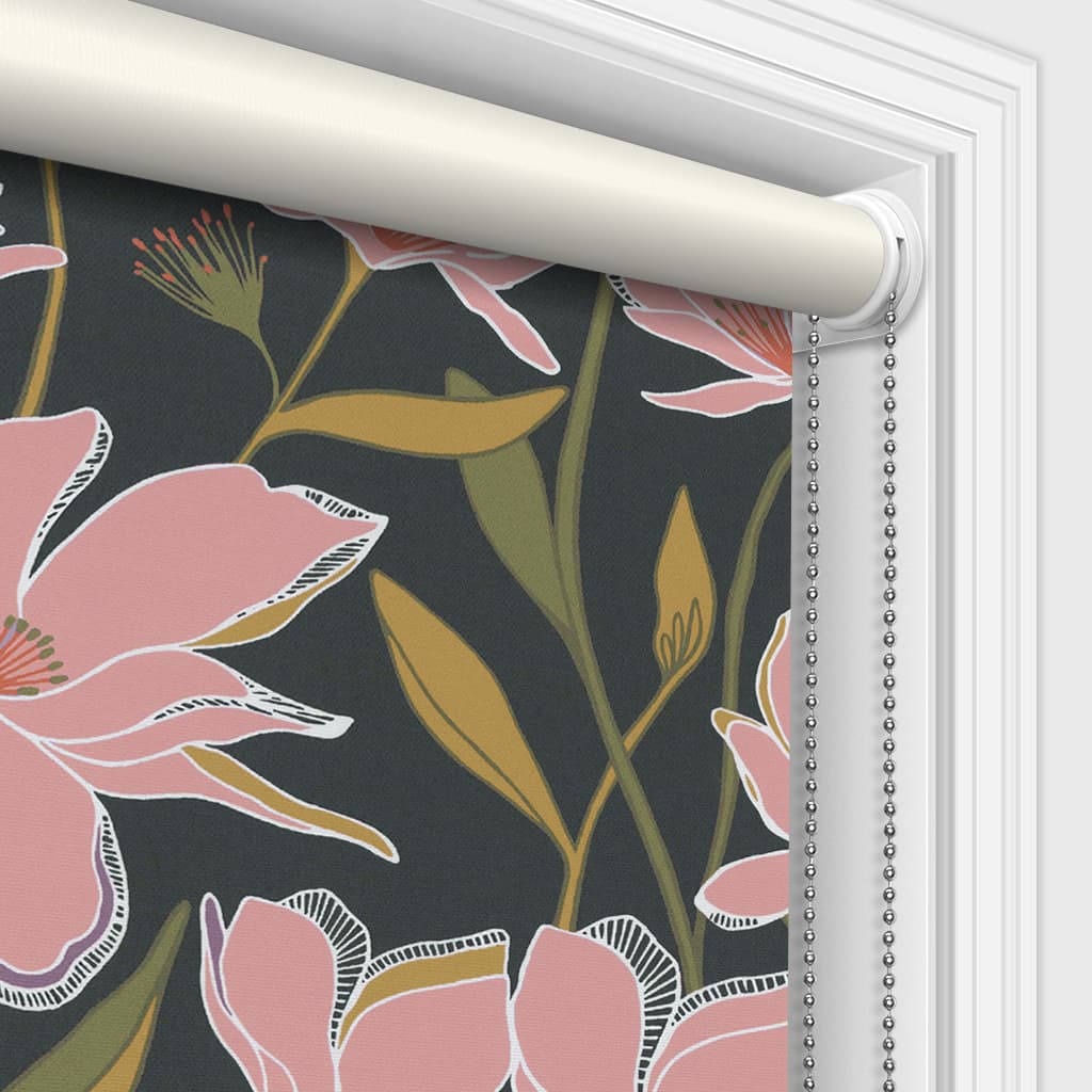 Rhododendron Pink Retro Floral Patterned Blackout Roller Blinds