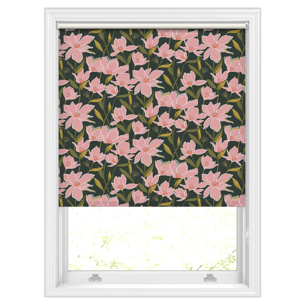 Rhododendron Pink Retro Floral Patterned Blackout Roller Blinds